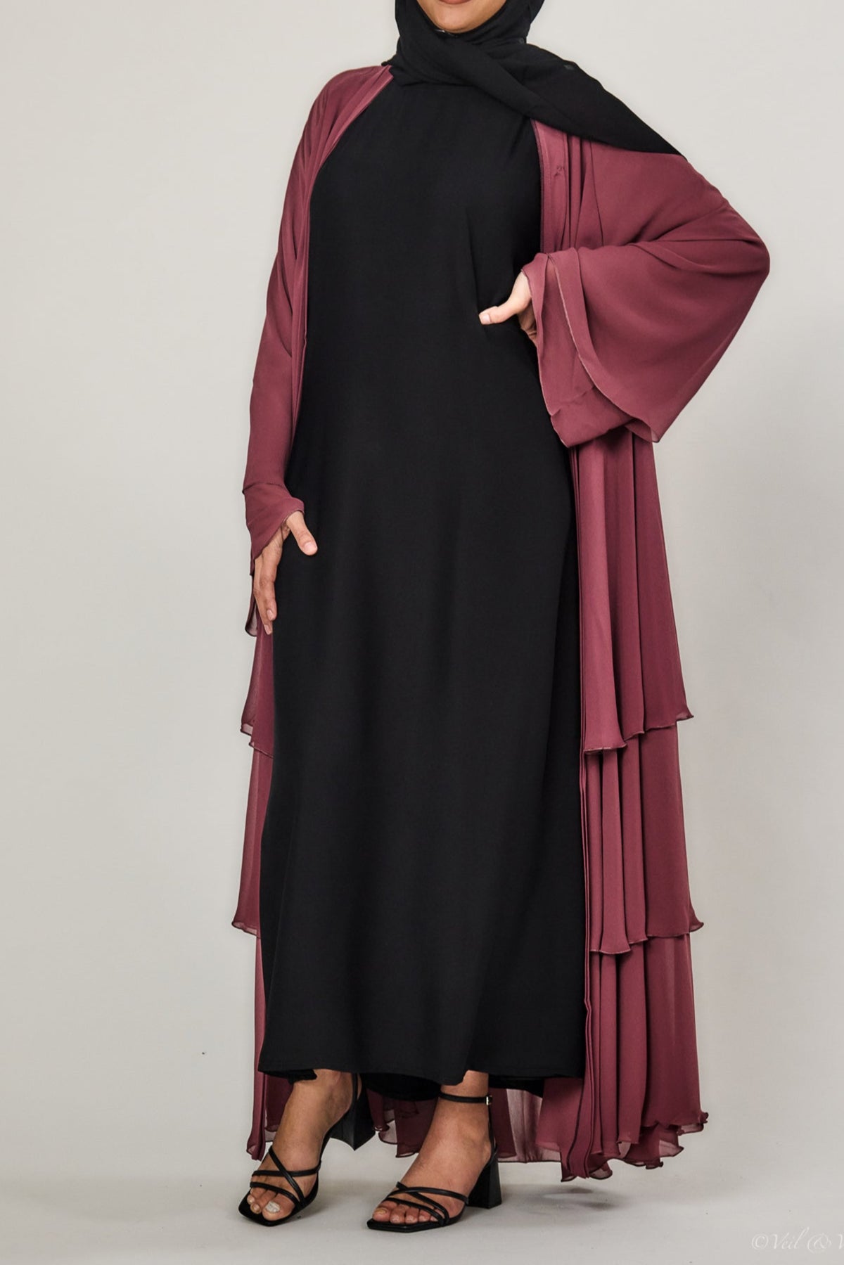 Lina Rouge Layered Open Abaya – Veil and Virtue